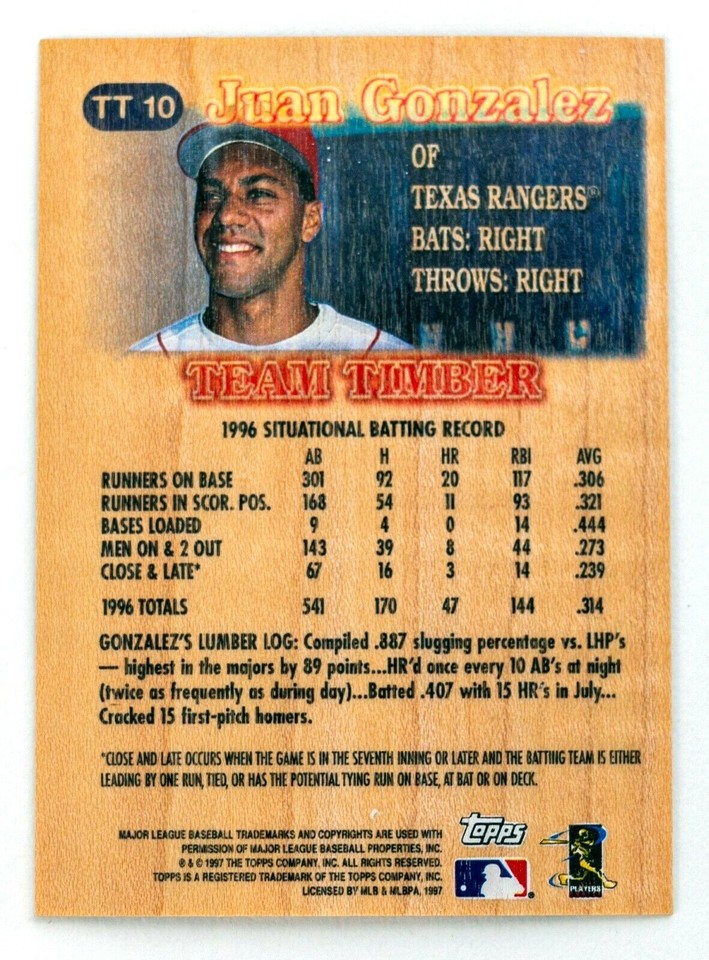 Juan Gonzalez #TT10 (1997 Topps) Team Timber Insert Card, Texas Rangers ...