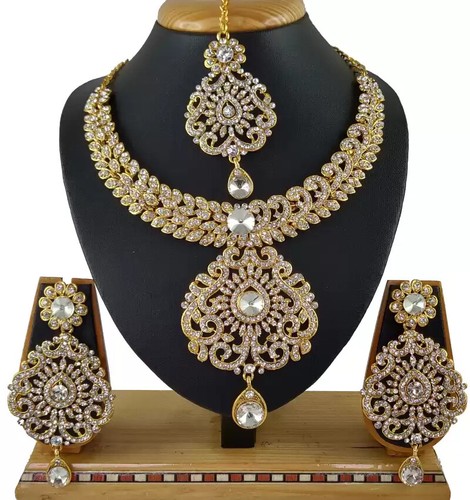 Indian Traditional Gold Tone Wedding Rhinestone Jewelry Necklace ...
