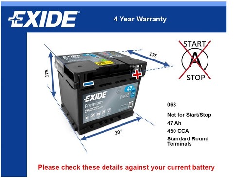 Car Battery EA472 Exide 063 450A 47Ah 4Yr Warranty 207x175x175 Premium ...