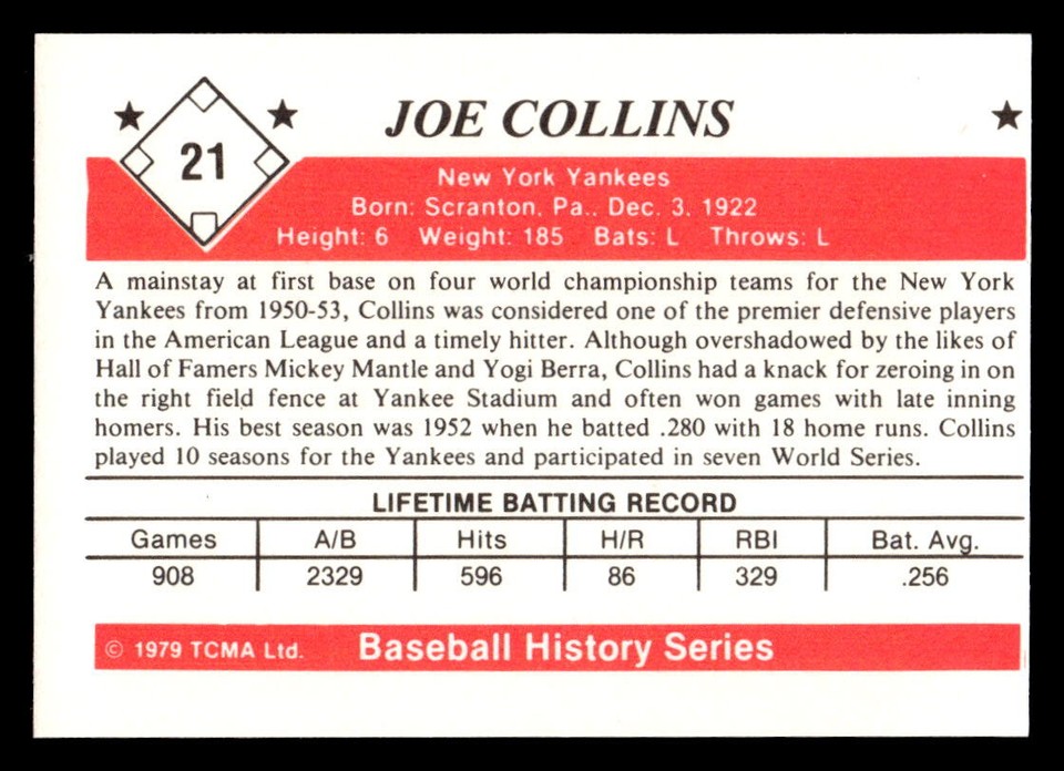 Joe Collins New York Yankees 1979 TCMA The 1950's #21 | eBay