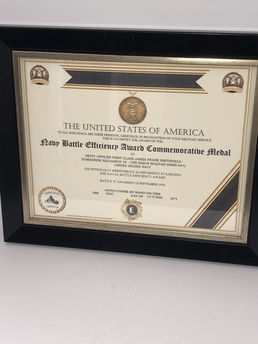 NAVY BATTLE EFFICIENCY AWARD COMMEMORATIVE MEDAL CERTIFICATE ~ Type 1 ...