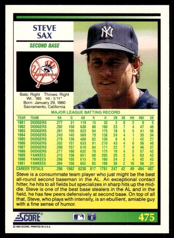 1992 Score Baseball Card Steve Sax New York Yankees #475 | eBay
