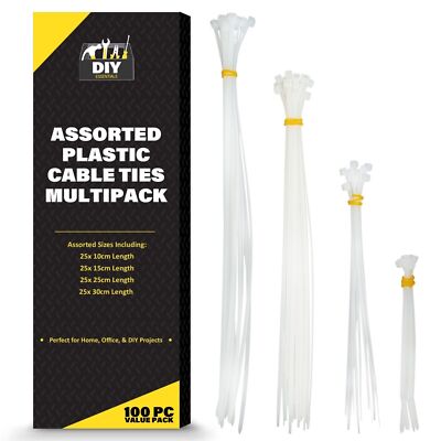 100-1000 Cable Ties Assorted Mixed Sizes Pack White Zip Set 100/150/250 ...