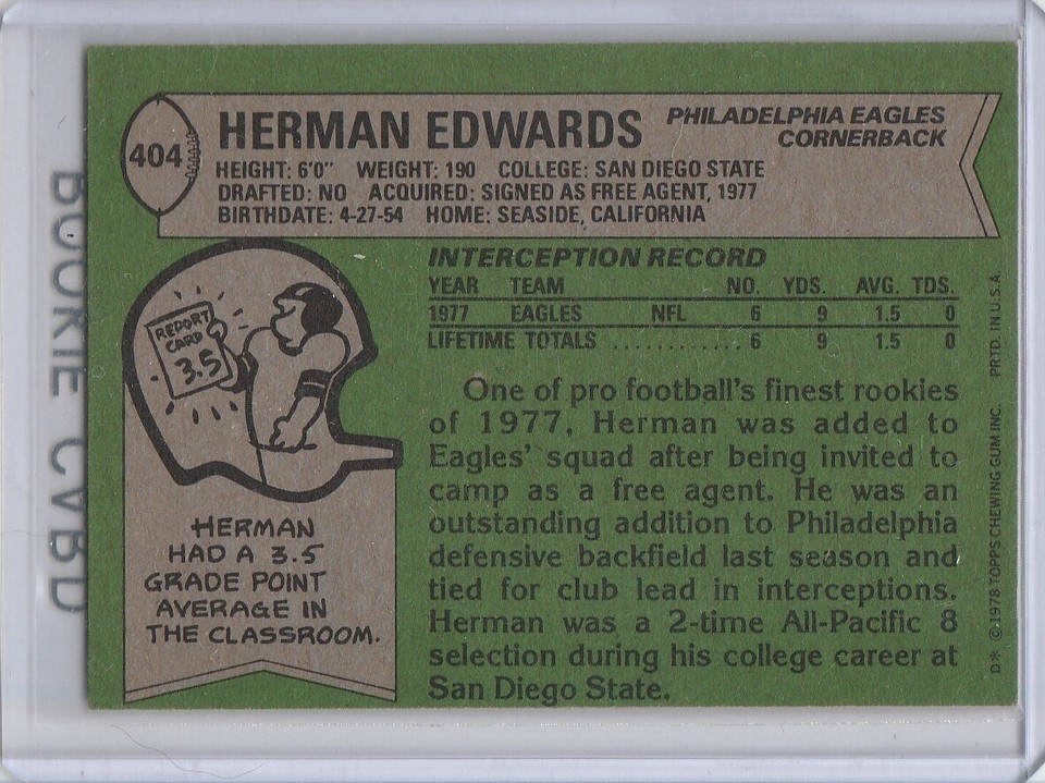 HERMAN EDWARDS Herm 1978 TOPPS VINTAGE ROOKIE CARD Philadelphia Eagles ...