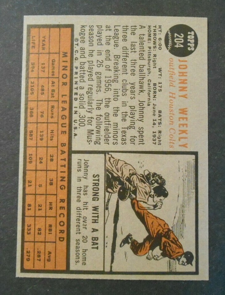 1962 Topps #204 Johnny Weekly Houston Colts NM Glossy | eBay