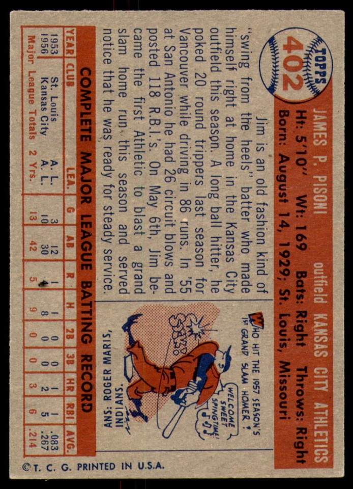 1957 Topps #402 Jim Pisoni Excellent+ RC Rookie Athletics ID:240922 | eBay