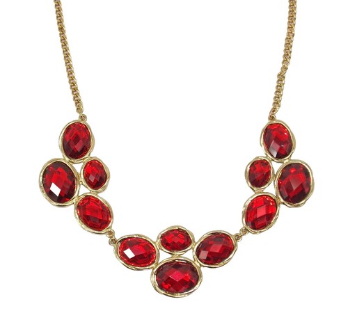 Red crystal necklace with oval crystals in gold swirl settings, fashion ...