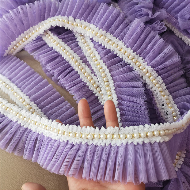 2M Pearl Beaded and Lace Net Ruffle Edge Frill Sewing Trim Dress Craft ...
