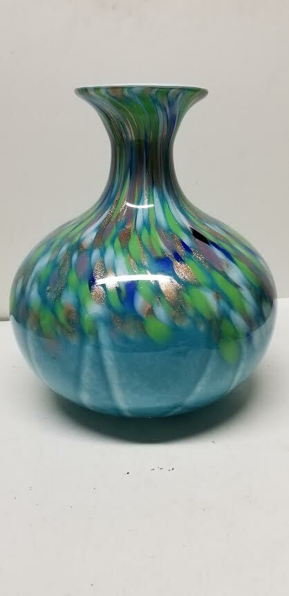 HQT ART GLASS MOUTH BLOWN BLUE GREEN BLACK GOLD LUTZ WHITE VASE ART ...