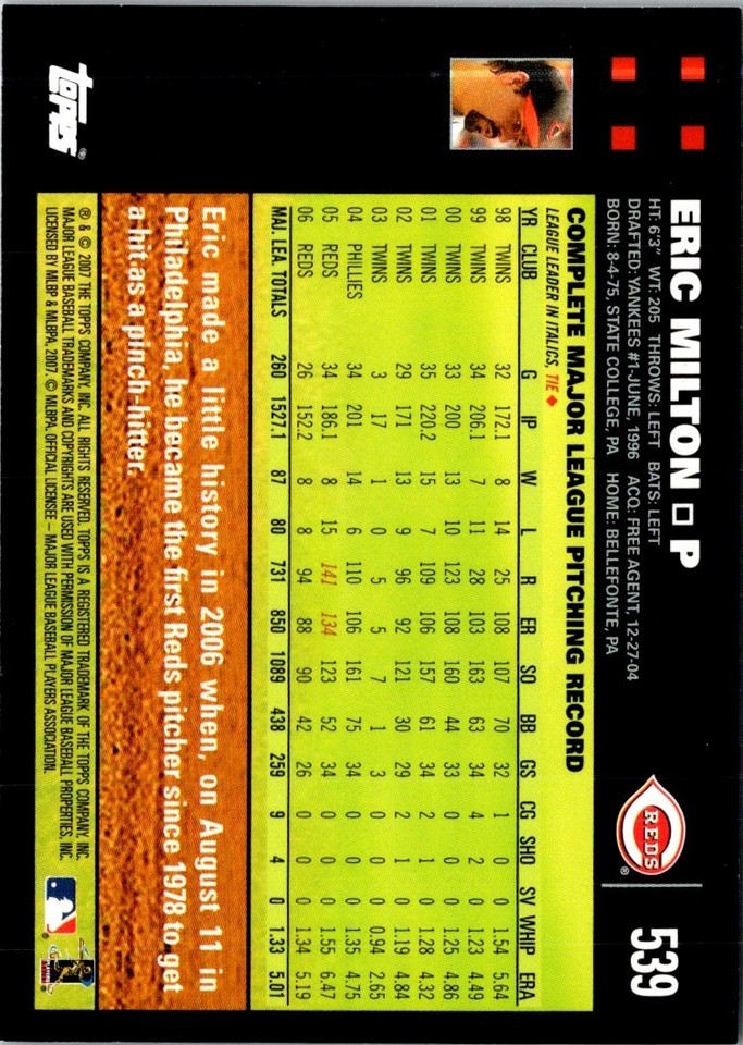 2007 Topps Eric Milton #539 Cincinnati Reds Baseball Card | eBay