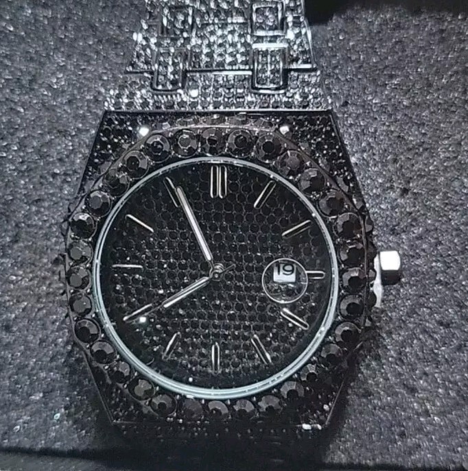 Mens Luxury Fully Covered Black Simulated Diamonds (CZ) Quartz Movement ...