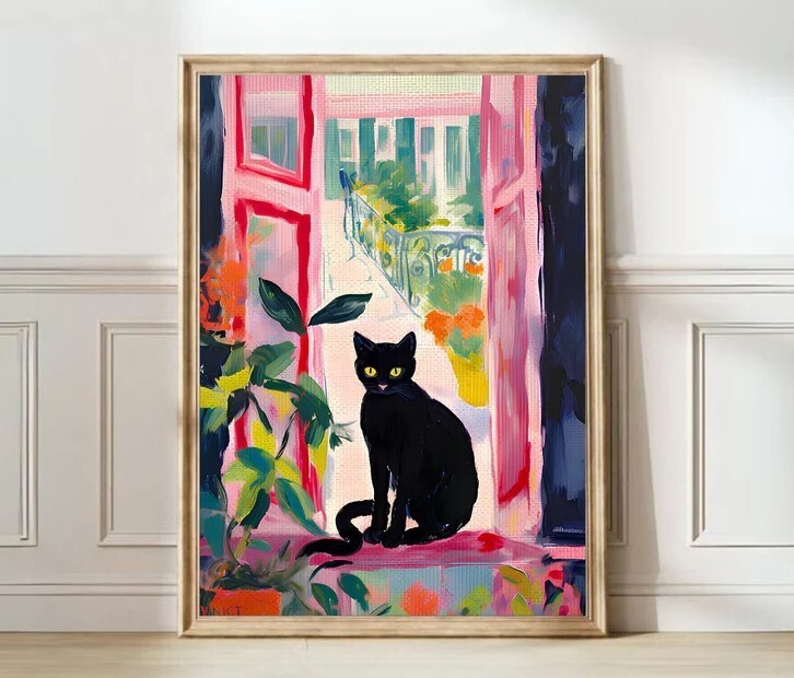 Cat Looking Out Window Painting Black Cat At Window – Sunset