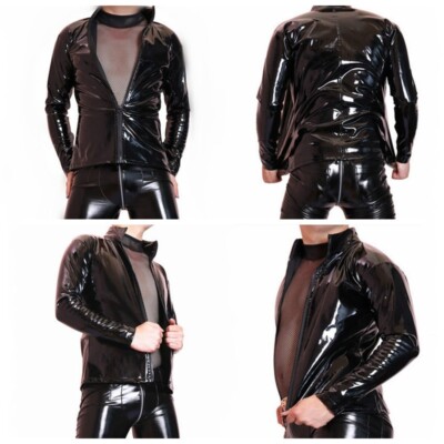 Men PVC Leather Blazer Jacket Coat Top Wet Look Outerwear Stage Party ...
