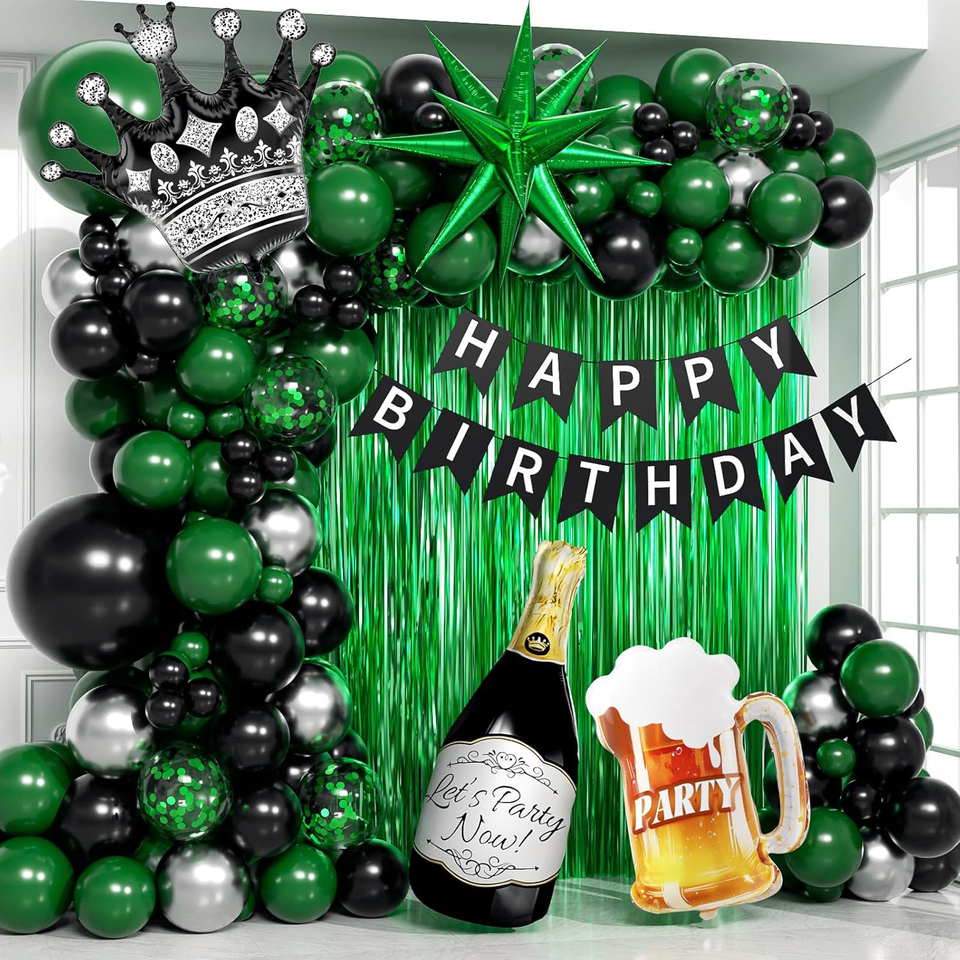 Green Birthday Party Decorations, Green Black Silver Foil Balloons ...
