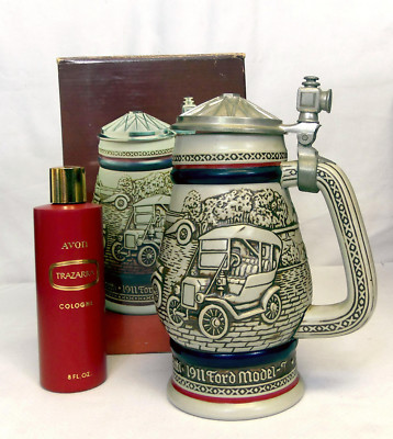 1979 Avon CAR CLASSICS Lidded Beer Stein Stanley Steamer MG Bugatti ...