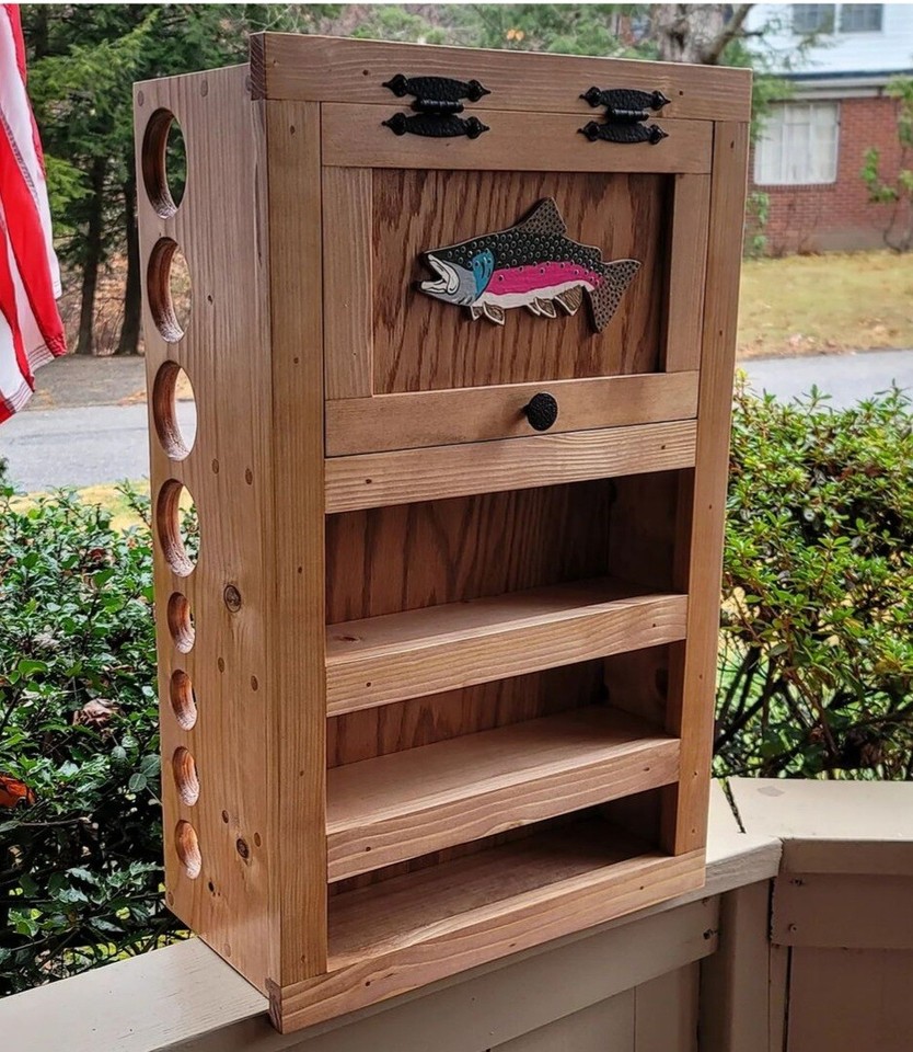FLY ROD & REEL STORAGE CABINET - Choose your Trout species & Stain | eBay