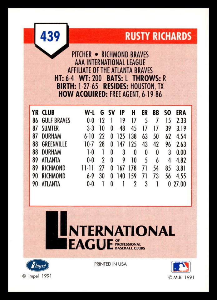 1991 Line Drive AAA #439 Rusty Richards Richmond Braves Baseball Card ...