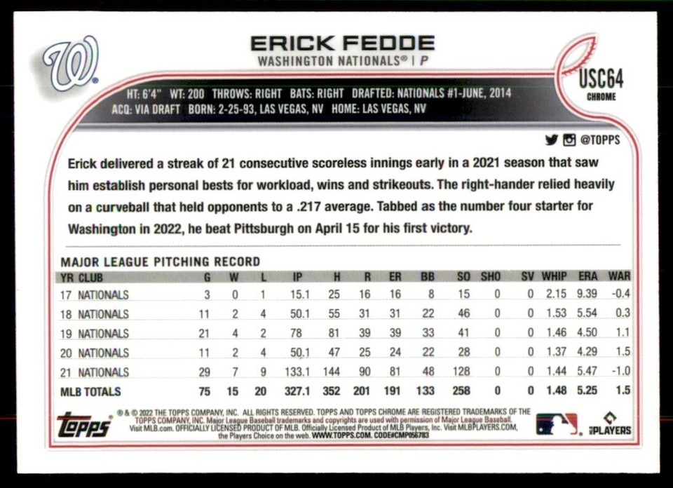 2022 Topps Chrome Update #USC64 Erick Fedde | eBay