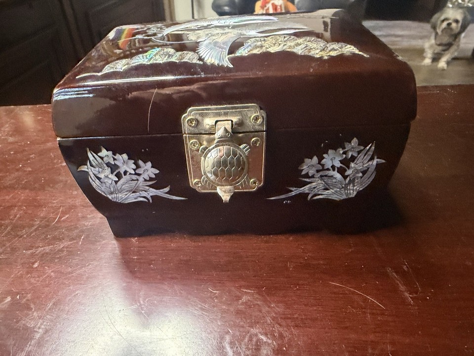 Asian Crane Motif Black Laquer Musical Jewelry Dresser Box | eBay