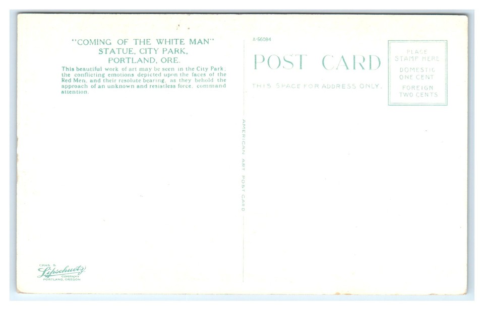 Portland, OR Postcard- COMING OF WHITE MAN Statue Native Americans ...
