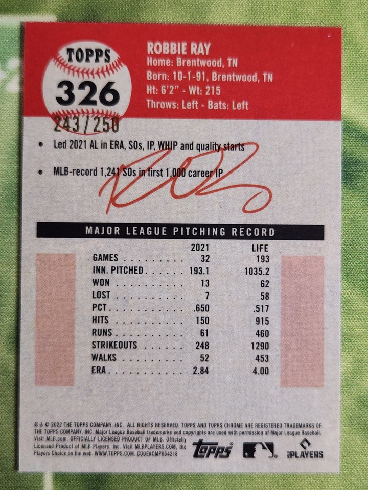 2022 Topps Chrome Platinum Anniversary Robbie Ray Rookie Gold RayWave ...
