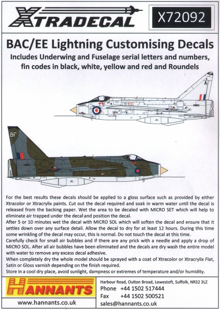 Xtradecal X72092 1 72 BAC / EE Lightning Customising Decal for sale ...