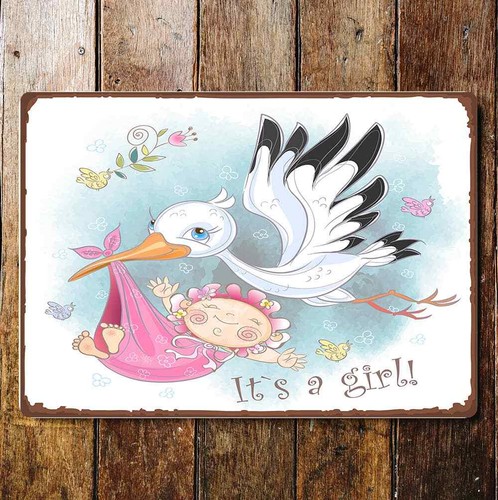 It's A Girl Cartoon Stalk Carrying Baby Metal Sign Plaque | eBay