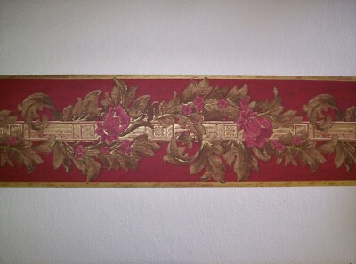 RED GOLD TAN ACANTHUS LEAF FLORAL SCROLL PREPASTED WALLPAPER BORDER ...