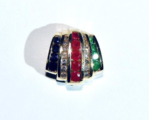 Estate 14k YELLOW GOLD SAPPHIRE DIAMOND RUBY SLIDE PENDANT 4.6g MULTI ...