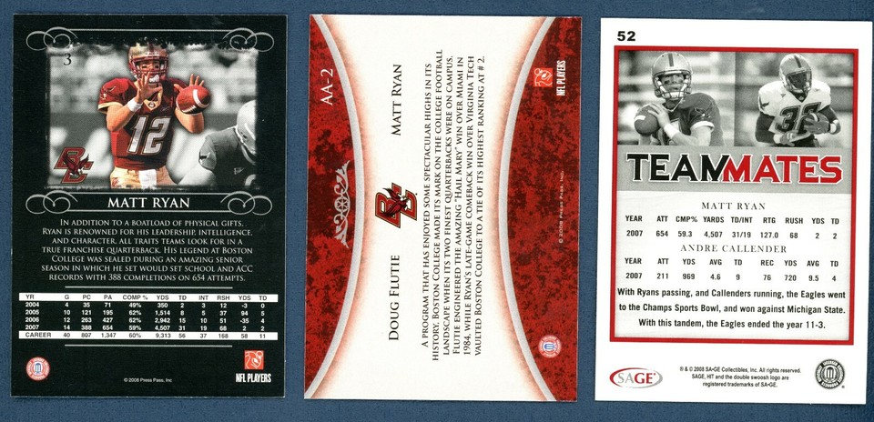 2008 Sage Hit Silver Teammates Matt Ryan/ Callender RC#52 & 2 Press ...