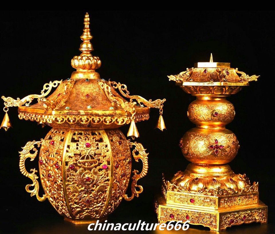 21" Qing Dy 24K Gold Gems Hollow Out Dragon Phoenix Beast Fish Pattern ...