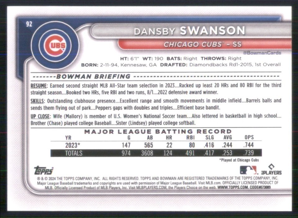 2024 Bowman #92 Dansby Swanson Chicago Cubs 2489 | eBay