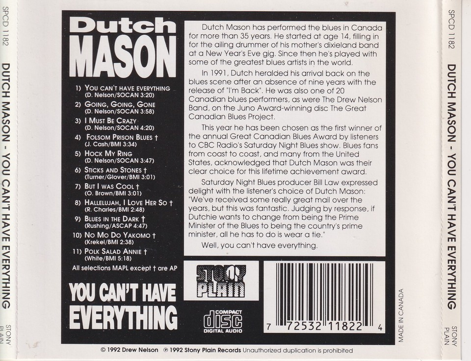 DUTCH MASON You Can't Have Everything (CD 1992) 11 Songs Blues Rock ...