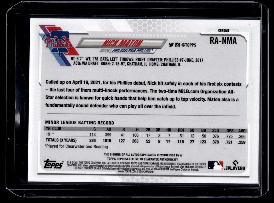2021 Topps Chrome Sapphire Nick Maton Auto RC #RA-NMA - Phillies | eBay
