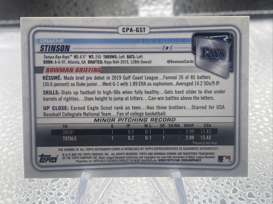 Graeme Stinson 2020 Bowman Chrome Prospect AUTO #CPAGST Rays Free ...