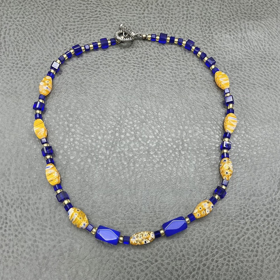 Art Glass Beaded Necklace Cobalt Blue Yellow Millefiori Style Toggle ...