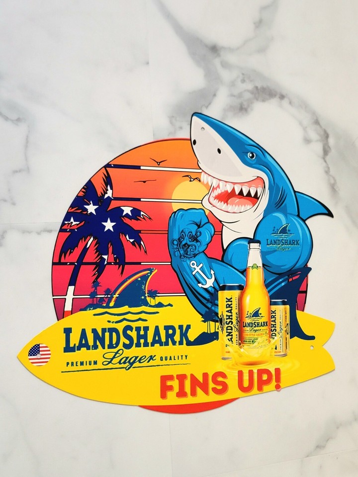 LANDSHARK SURFBOARD Fins Up Metal Sign 14" x 16" Mancave Bar Pub Décor ...