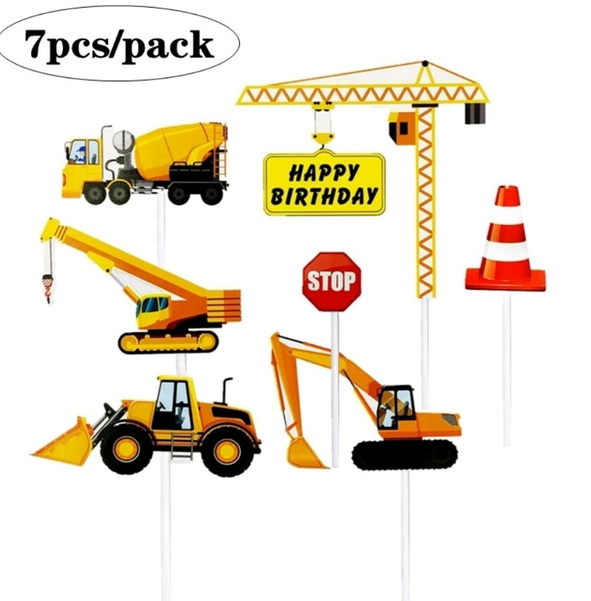 7pcs Construction cake topper excavator cranky crane trucks cupcake ...