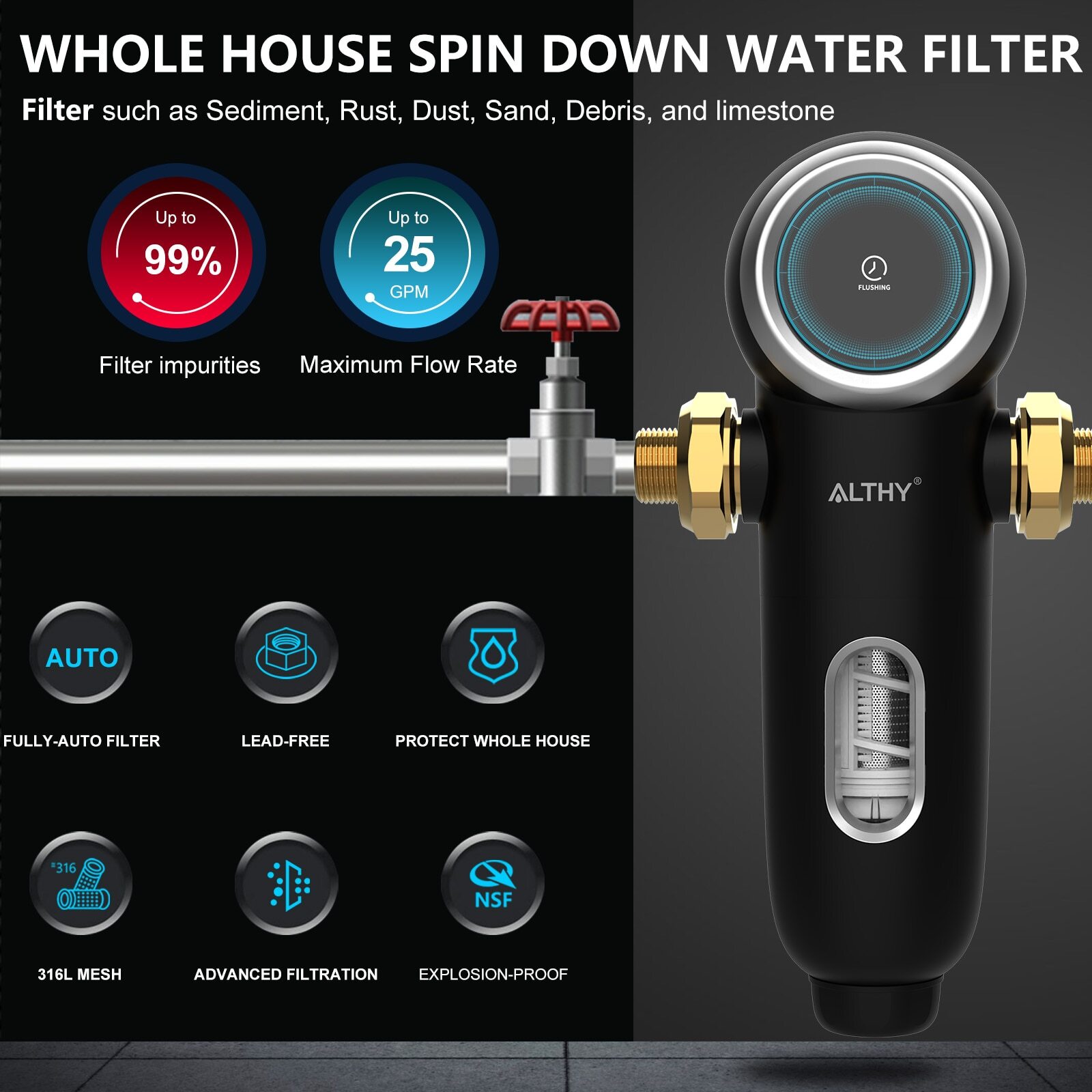 ALTHY Auto-Flush Backwash Prefilter Whole House Spin Down Sediment ...