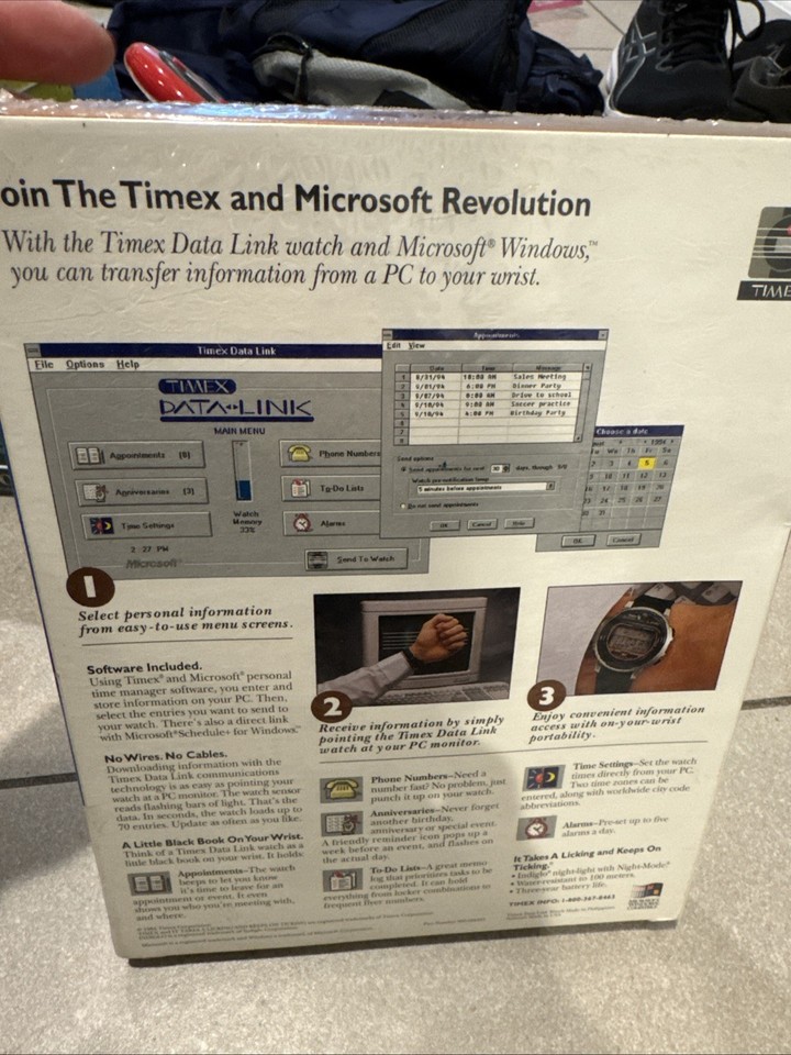 1996 Vintage Timex Data Link Digital Watch & Microsoft Software W ...