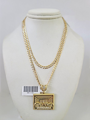 10k Gold Solid Cuban Curb Chain Last Supper Pendant Set 3mm 18"-26 ...