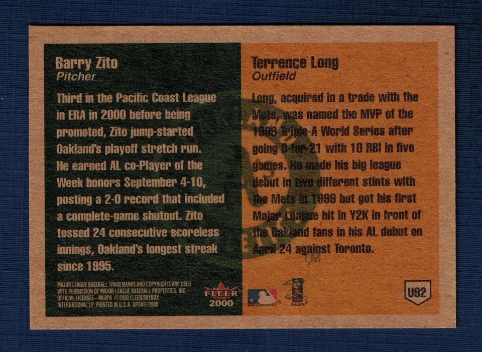 2000 Fleer Update Barry Zito & Terrence Long (RC) #U17 Oakland ...