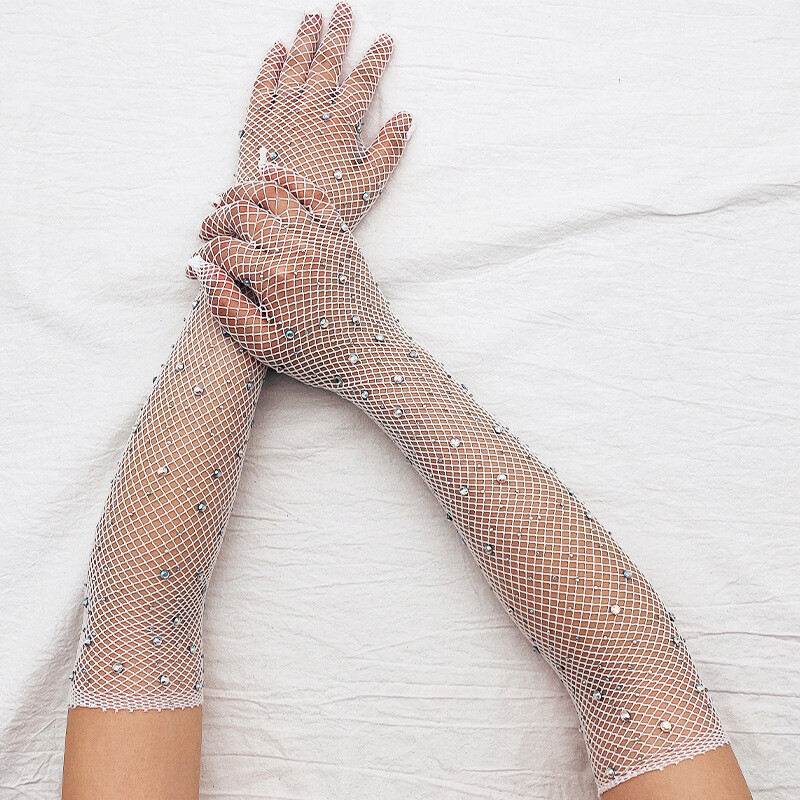 Stretch Rhinestones Long Gloves Sexy Fishnet Gloves Sexy Elastic Mesh ...