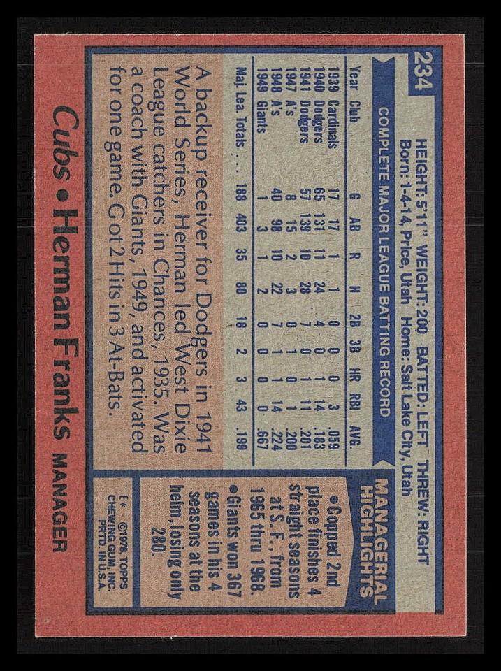 Herman Franks 1978 Topps #234 Chicago Cubs | eBay