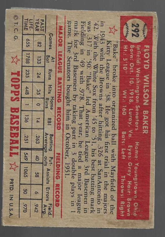1952 Topps Floyd Baker #292 Washington Senators Poor | eBay