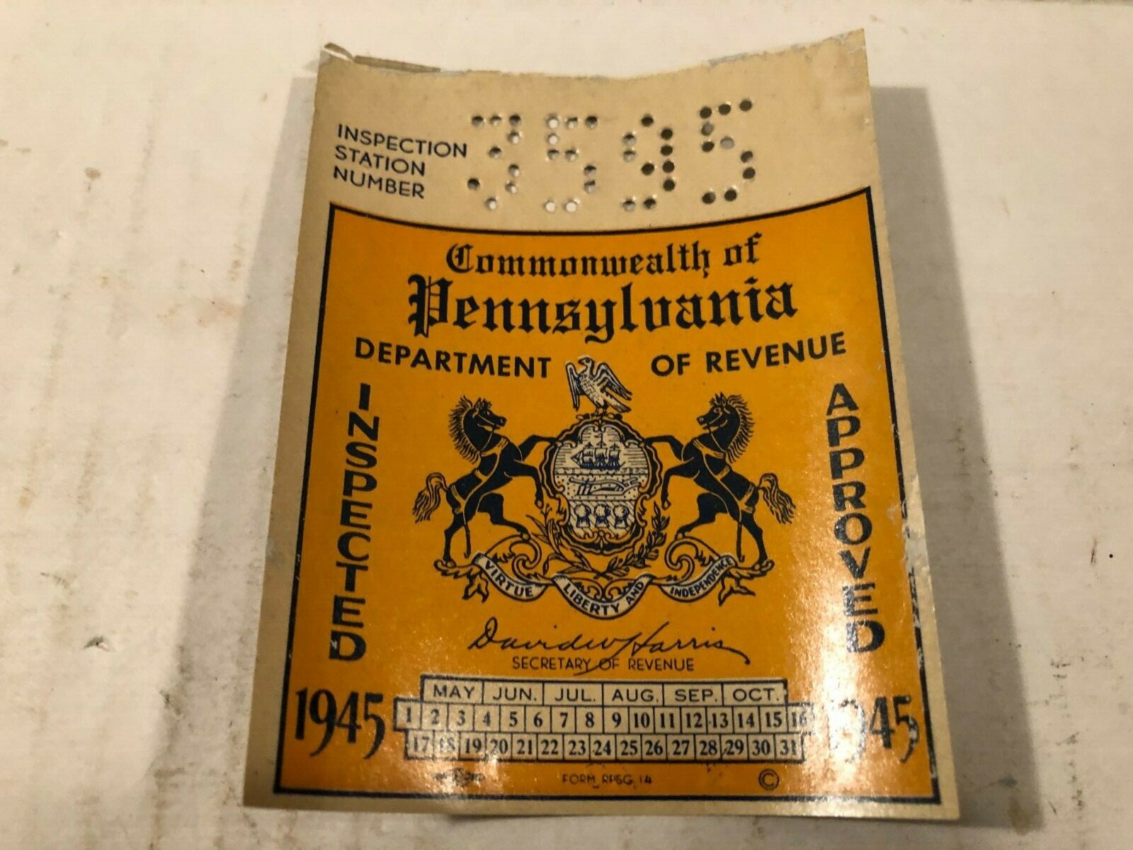 VTG. 1945 COMMONWEALTH OF PENNSYLVANIA INSPECTION STICKER NOS UNUSED | eBay