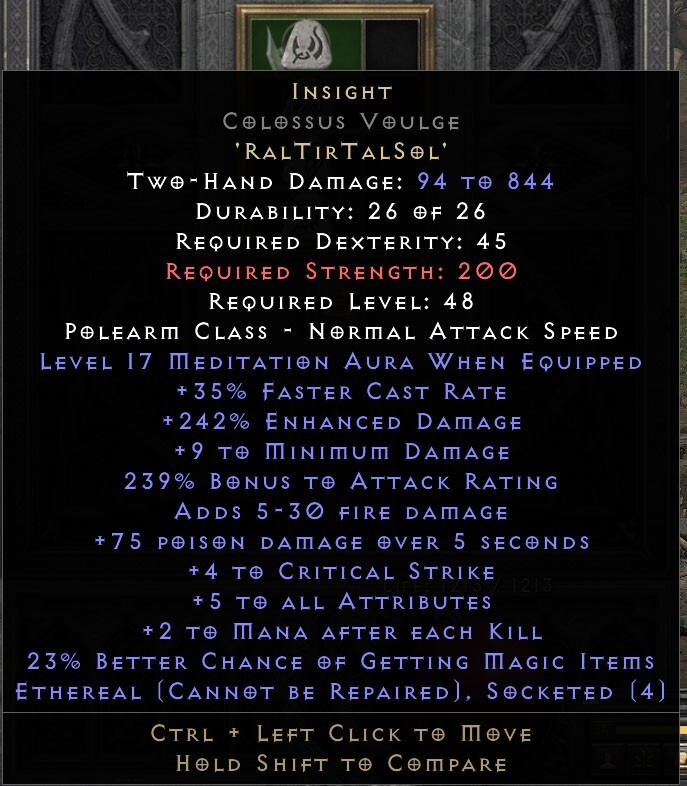 Diablo 2 Resurrected D2R NON-LADDER Insight Rune Word Colossus Voulge ...