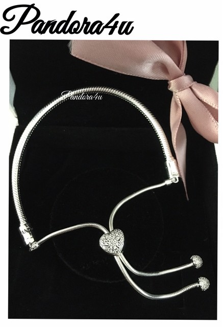 Authentic PANDORA Pave Heart Adjustable Sliding Bracelet 598699c01 2020 ...