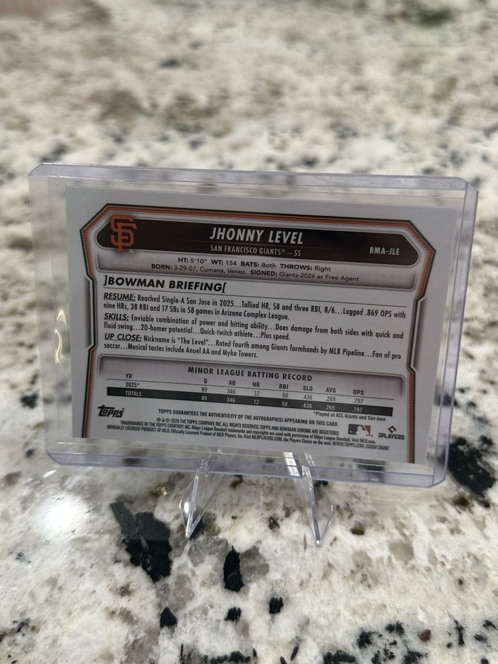 2026 Bowman Chrome Jhonny Level Purple Mojo Auto /199 Giants BMA-JLE | eBay