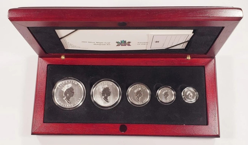 2003 CANADA SILVER MAPLE LEAF HOLOGRAM SET 5SILVER COINS 19 Oz PURE ...
